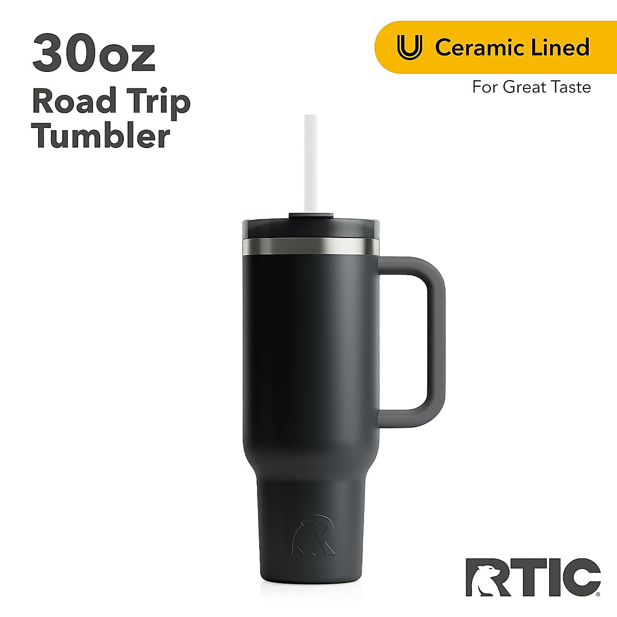 RTIC 30 oz Road Trip Tumbler Double-Walled Insulated Stainless Steel Portable Travel Coffee Mug Cup with Lid, Handle and Straw, Black