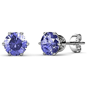 Cate & Chloe February Birthstone Stud Earrings | 18k White Gold Plated with Solitaire 1ct Amethyst Gemstone Crystals | Round Cut Crystal Earring Set for Women, Hypoallergenic, Gift For Her