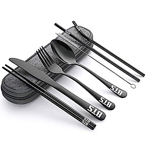 Kpop BTS Bangtan Boys Travel Camping Cutlery Set - Portable Lunch Utensils Set with Case and Straw, Straight Straw, Knife, Fork, Spoon, Chopsticks, Cleaning Brush 8 Piece (Black)