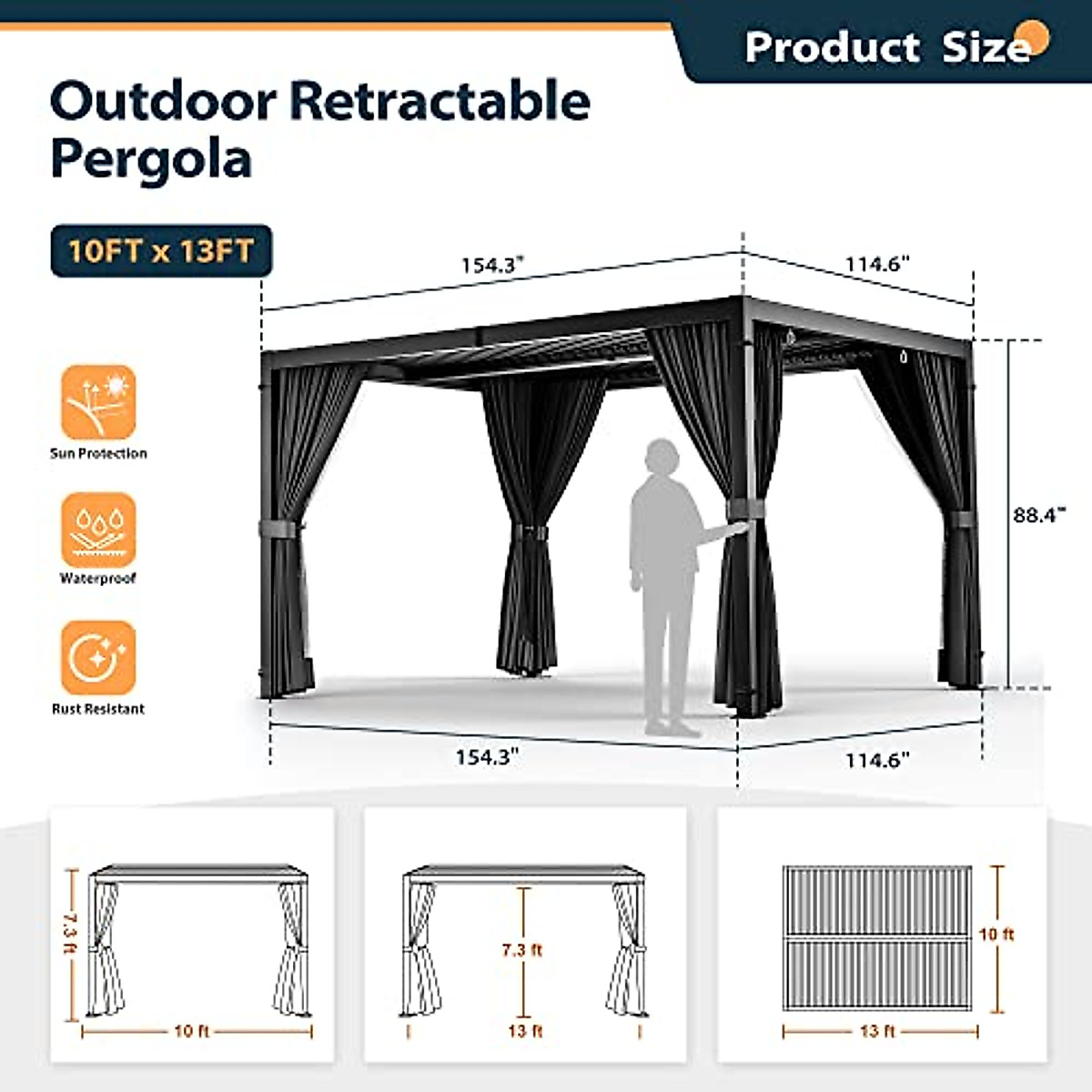 HAPPATIO Louvered Pergola 10x13 Outdoor Pergola, Metal Pergola with Adjustable Rainproof Roof, Patio Pergola with Curtains and Mosquito Nets, Aluminum Pergola for Patio, Backyard, Deck, Garden (Gray)