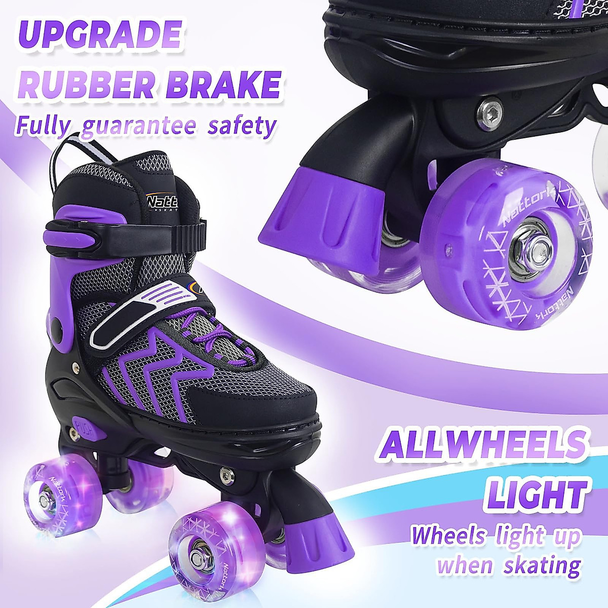Kids Roller Skates for Girls, Purple Adjustable Rollerskates with Light Up Wheels for Big Kids Ages 6-12 7 8 9 10, Beginners Outdoor Sports, Best Birthday Gift for Kids