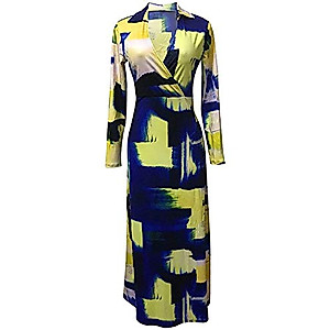 Locryz Women's V Neck 3/4 Sleeve Digital Printed Loose Long Maxi Party Dress with Belt (M, Blue)