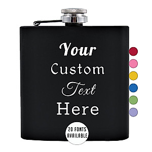 Personalized 6oz Stainless Steel Matte Black Flask - Printed Your Text Here, Metal Hip Pocket Discreet Flask – Custom Novelty Groomsmen Gifts – Liquor Whiskey Gifts for Men Women