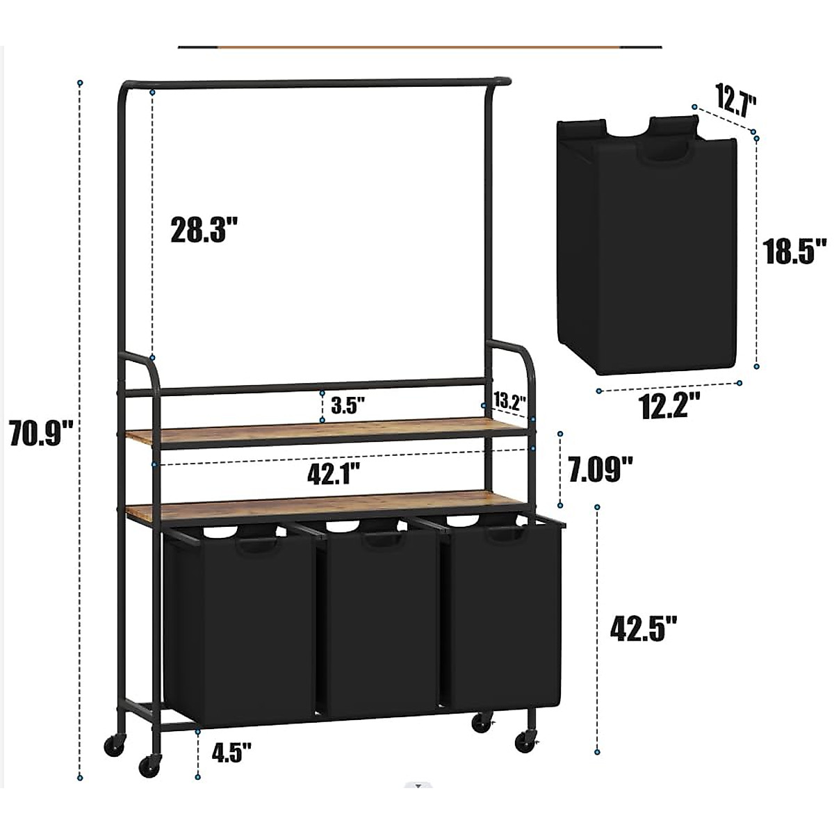 kepptory Laundry Basket 3 Section, 3 × 11.5 Gal (47L), Laundry Hamper Laundry Sorter 3 Section with Shelves and Clothes Hanging Bar, Rolling 3 Compartment Laundry Hamper for Laundry Bathroom Bedroom