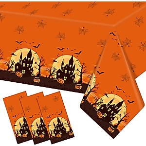 Kesfey 3 Packs Orange Halloween Tablecloth 54 x 108 Inches Scary Castle Ghost Pumpkin Table Cloth Disposable Waterproof Plastic Bat Spider Web Table Cover Trick or Treat for Halloween Party Dining