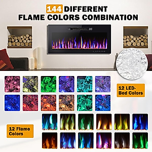 BETELNUT 40" Electric Fireplace Wall Mounted and Recessed w/144 Combination Colors & 5 Brightness,750/1500W Fireplace Heater w/Timer,Low Noise,Remote Control & Touch Screen,Log Set & Crystal Option