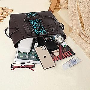Totes for Women Leather Hides Concealed Carry Purses Large Shoulder Handbag Turquoise and Coffee TR132G-8317CF-TQ