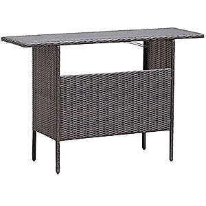 Giantex Outdoor Patio Wicker Bar Table, 2 Storage Shelves, 55''W Tabletop, Rails for Hanging Wine Glasses, Heavy-Duty Metal Frame, Bistro Rattan Bar Counter Table for Poolside Backyard (Mix Brown)