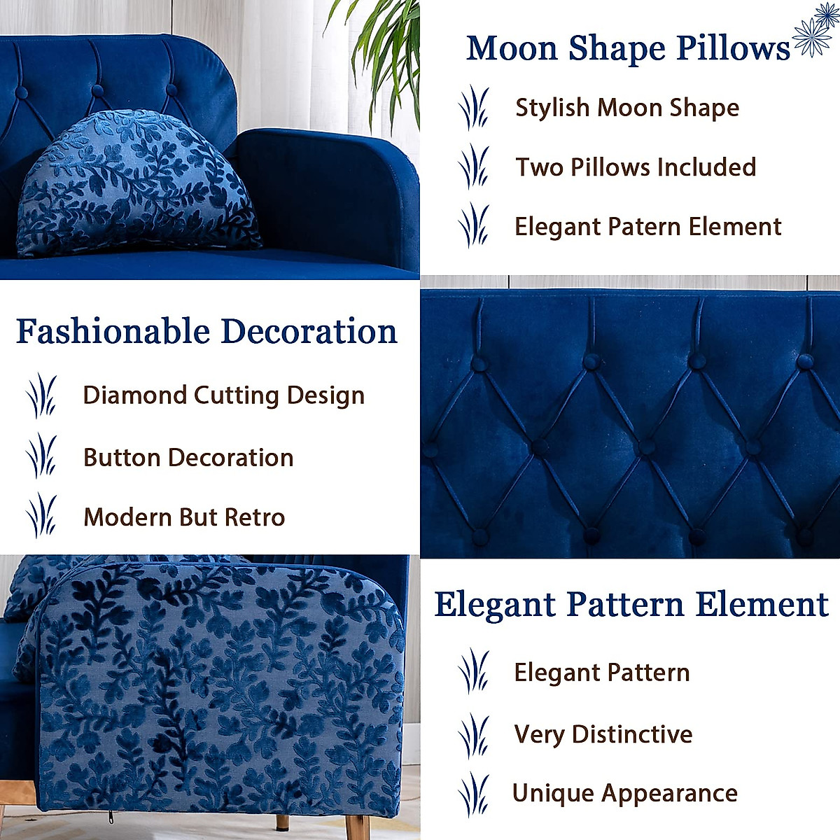 55-inch Small Velvet Couch with Elegant Moon Shape Pillows, Twin Size Loveseat Accent Sofa with Golden Metal Legs, Living Room Sofa with Tufted Backrest, 600 Pounds Weight Capacity, Navy Blue
