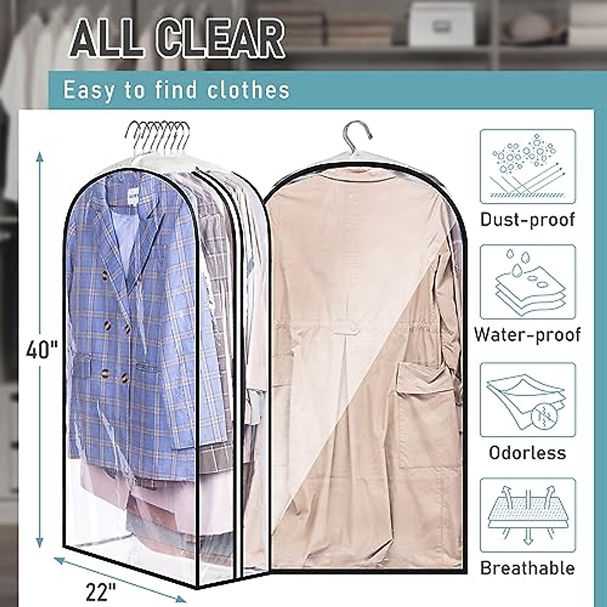 MISSLO 10" Gusseted All Clear Garment Bags for Hanging Clothes 40" Suit Bags for Closet Storage Hanging Clothes Storage Bags for Shirts, Coats, Dresses, 3 Packs