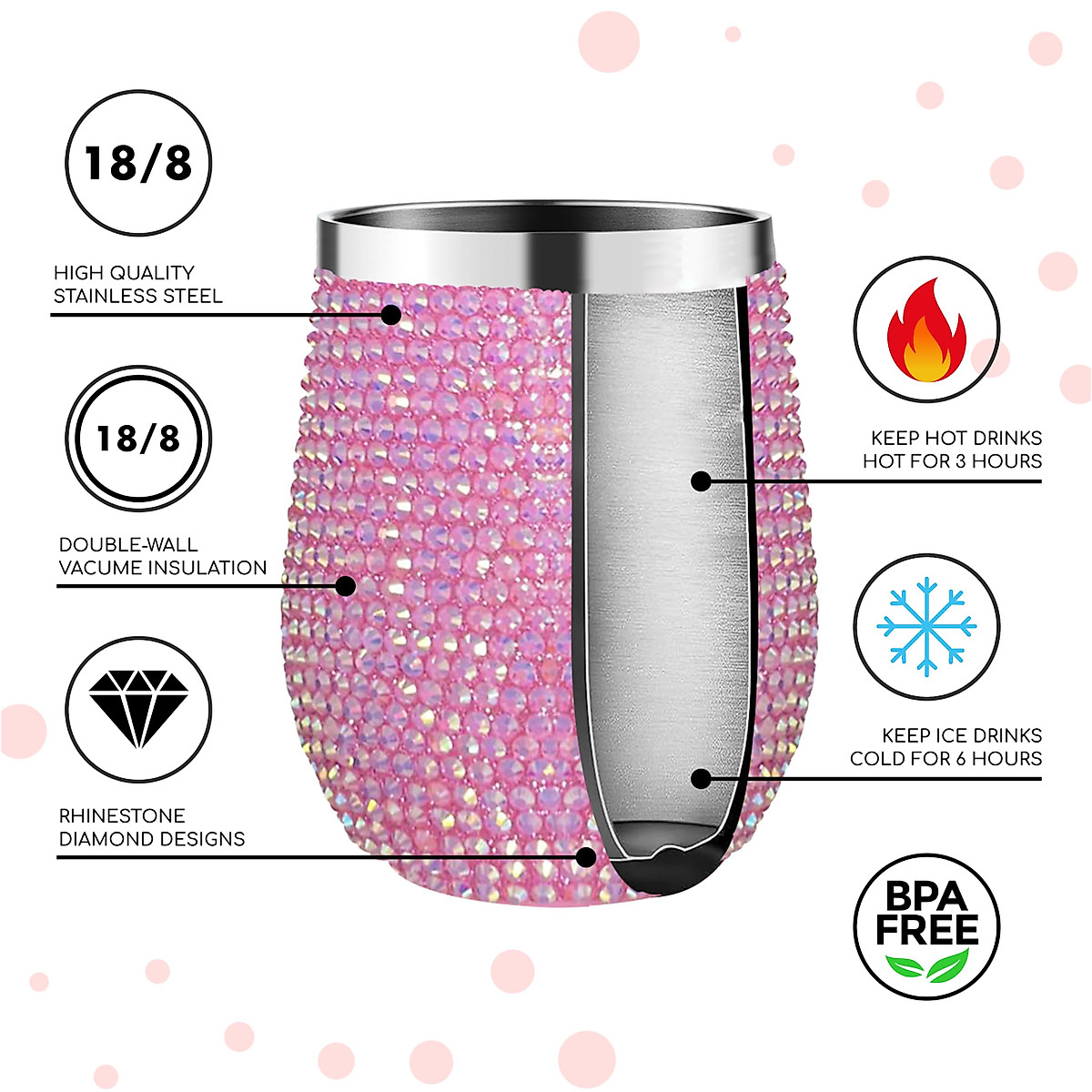 HappiGifts Sparkle Tumbler Collection, Glitter Bling Diamond Rhinestone Wine Tumbler, Stainless Steel Insulated Cup with Lid (Pink)