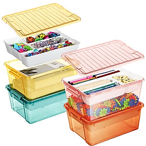 Willinglong 4 Packs 25 Qt Storage Organizer Box Clear Storage Containers with Lids Art Craft Storage Organizer Clear Storage Bins Plastic Bin for for Bead, Crayon, Tool, Sewing, Toy(Removable Tray)