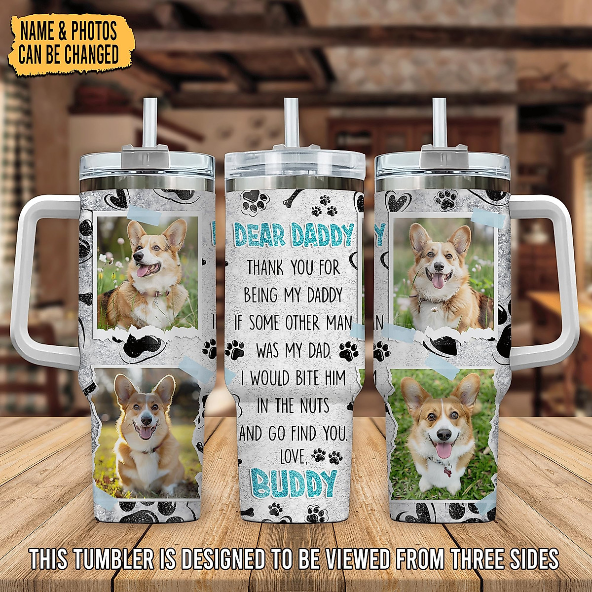 Hyturtle Personalized Picture Dog Dad 40oz Tumbler with Handle and Straw Gifts for Dog Lovers, Funny Father's Day Cup Gifts For Men, Best Gift Ideas for Fur Dad Stainless Steel Travel Cup With Lid