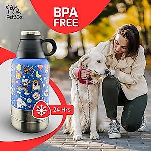 PET2GO Dog Travel Water Bottle (32oz) with Treat Holder & Detachable Bowls | Insulated, Portable Stainless Steel Water Dispenser for Pets | Dog Walking Accessory | Outdoor Dog Beach Gear (Blue)