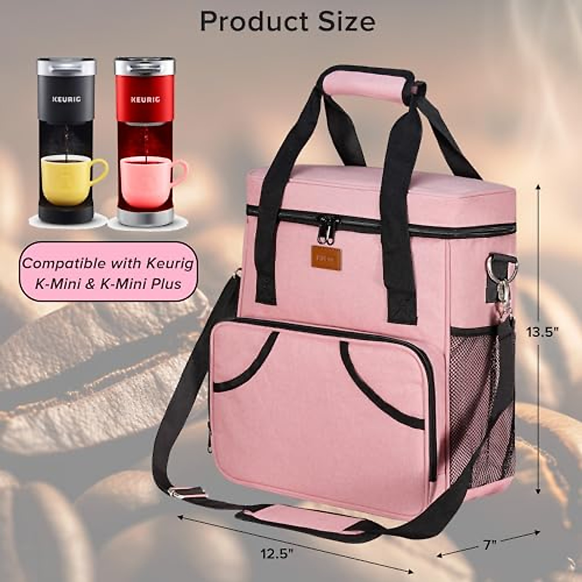 IAVEYG Coffee Maker Travel Bag Compatible with Keurig K-Mini or K-Mini Plus,Single Serve Coffee Brewer Portable Storage Bag with Multiple Pockets for K-Cup Pods,Storage Bag With Shoulder Strap (Pink)