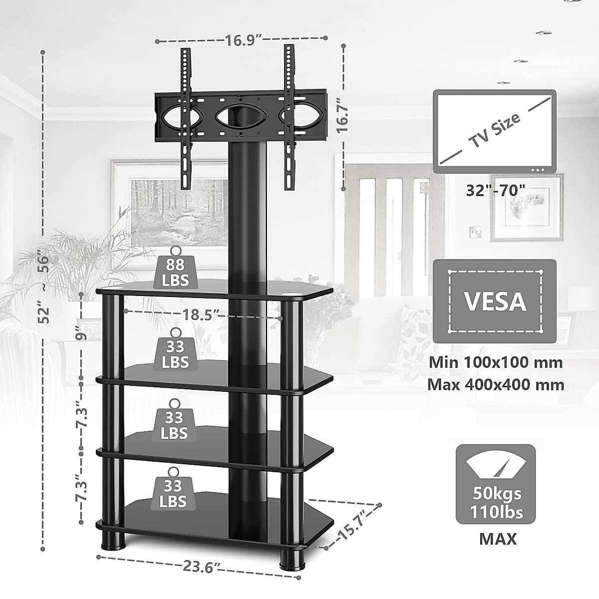 TAVR Furniture 4-Tiers Media Component TV Stand with Swivel Mount Audio Shelf and Height Adjustable Bracket, Black Floor TV Stand for 32-70 Inch LCD LED OLED Flat/Curved Screen TVs