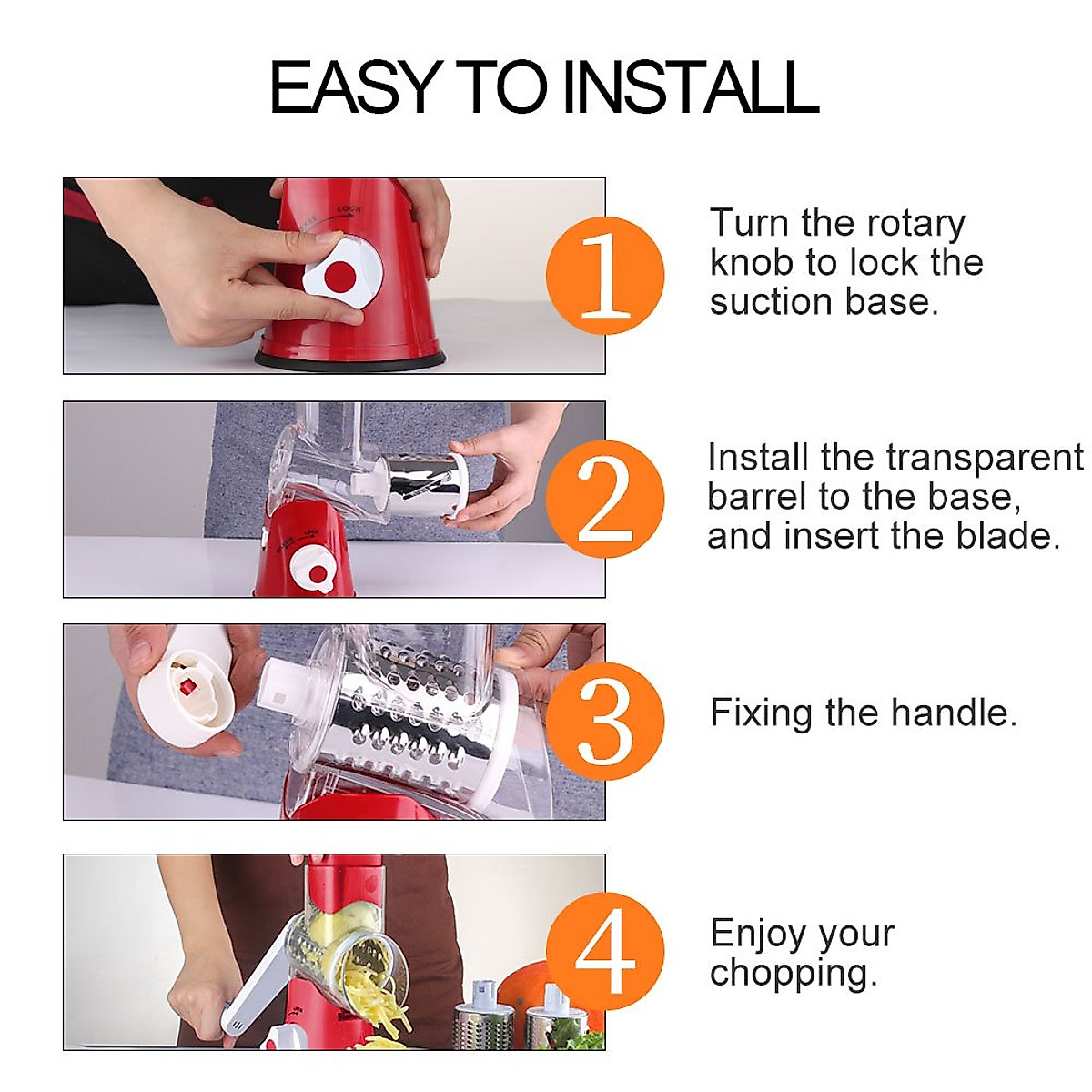 Ourokhome Rotary Cheese Grater Hand Crank, Kitchen Shredder Speed Mandolin Slicer Nut Grinder with Handle and Drum Blades for Cheese, Vegetable, Walnut, Chocolate, Potato, Carrot, 3 Blades, Red