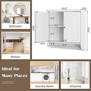COSTWAY Bathroom Cabinet Wall Mounted, Over The Toilet Storage Cabinet with Towel Bar, 2 Doors and Adjustable Shelf, Space-Saving Wall Cabinet Medicine Cabinet for Bathroom Kitchen (White)