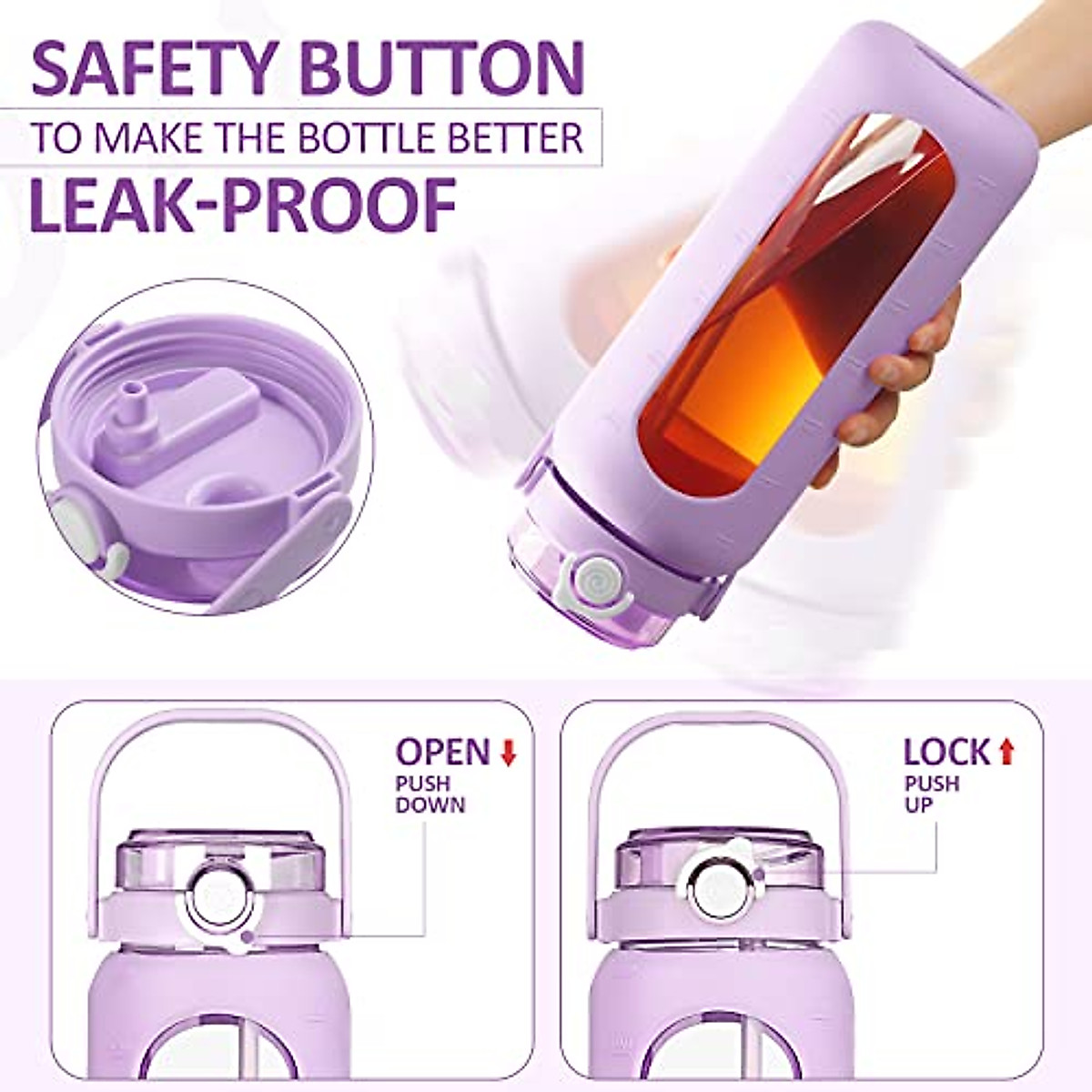 BLUEGO 56oz Glass Water Bottles with Straw Time Marker Half Gallon Large Motivational Water Bottle with Silicone Sleeve 2 Liter Large Glass Water Jug for Gym, Sports&Workout, Daily, Purple