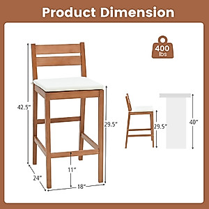 Tangkula Patio Eucalyptus Wood Bar Stools Set of 2, Outdoor Bar Height Patio Chairs with Cushions, Outdoor Barstools for Backyard, Garden, Balcony, 400 lbs Capacity (1, Off White)