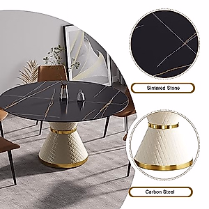 Modern 59" Marble Dining Table, Multifuntional Round Table for 6, Black Sintered Stone Tabletop Dining Table with Carbon Steel Base, Dining Room Table for Kitchen Reception Room, Black Top&White Legs