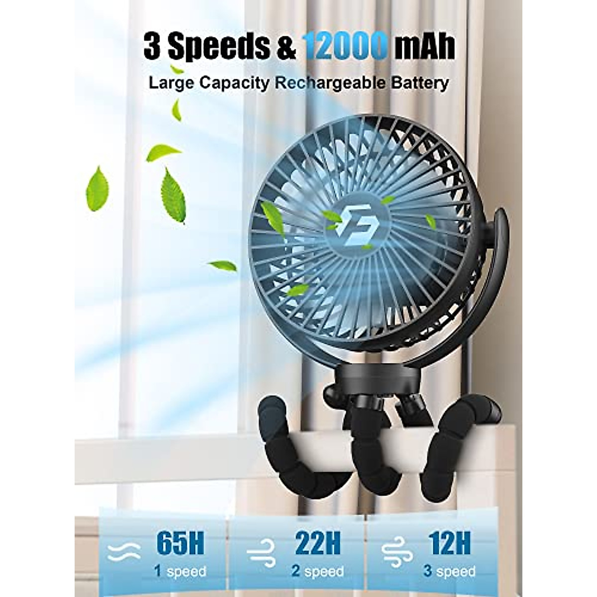 Stroller Fan, 12000mAh Rechargeable Fan Portable, Battery Operated Fan, Baby Car Seat Fan with Timming, Low Noise, Flexible Tripod, Personal Small Fans For Stroller, Office, Beach, Bed, Camping