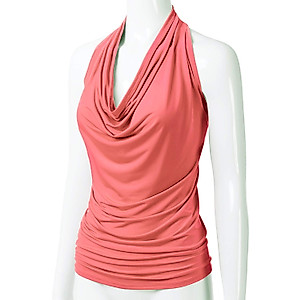 EIMIN Women's Casual Halter Neck Draped Front Sexy Open Back Tank Top Coral M