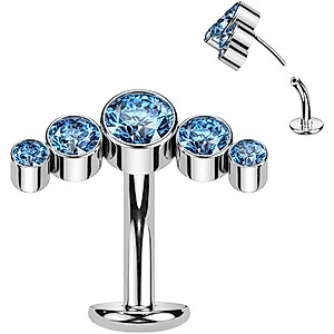 Titanium Threadless Convex Base Floating Belly Ring With 5 Bezel Crystal Curve Top (Aqua)