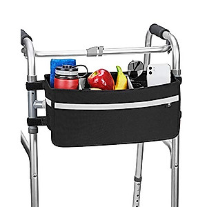 ISSYAUTO Walker Basket, Strap Mount Walker Cup Drink Holder with Two Split Board, Foldable Walker Storage Bag, Best Gift for Family and Friends - Black (Not Fit Rollator Walkers)