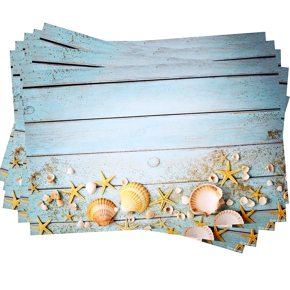 Gift Boutique Disposable Beach Seashell Starfish Paper Mat 50 Pack 11" x 17" Rectangle Summer Nautical Coated Placemat for Blue Sky Ocean Seaside Sand Wood Coastal Table Mat Dinner Party Décor