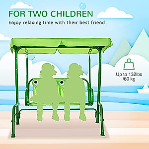 Outsunny Porch Swing for Kids with Adjustable Canopy to Block Sun at Angles, Kids Swing Chair with Seatbelts, Frog Gift for Kids, Tree Bark Brown, for Ages 3-6, Green