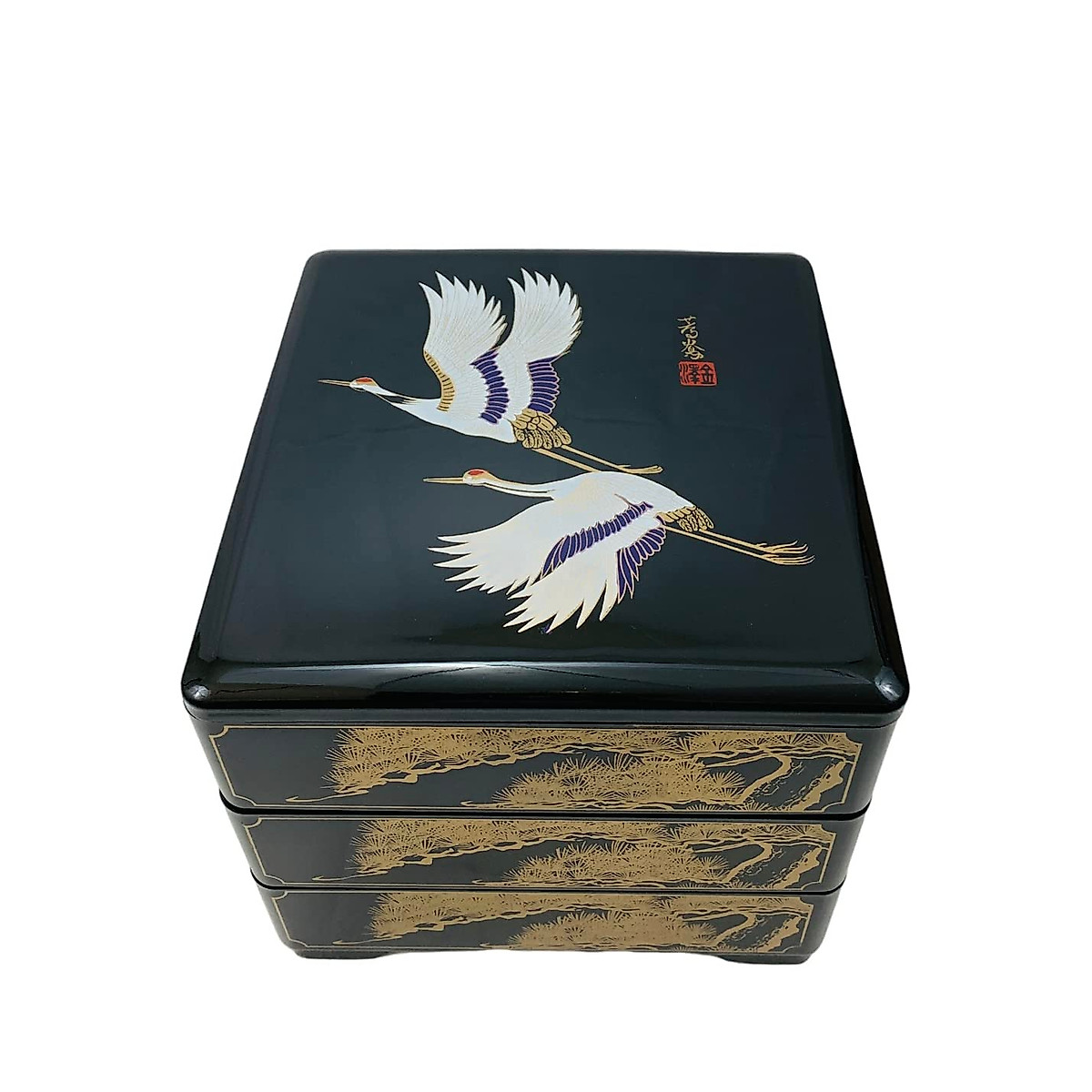 JapanBargain 4119, Jubako Box Japanese Traditional 3 Tiers Stack Box Food Candy Snack Container Bento Box Made in Japan, Plastic Lacquered, Black Crane