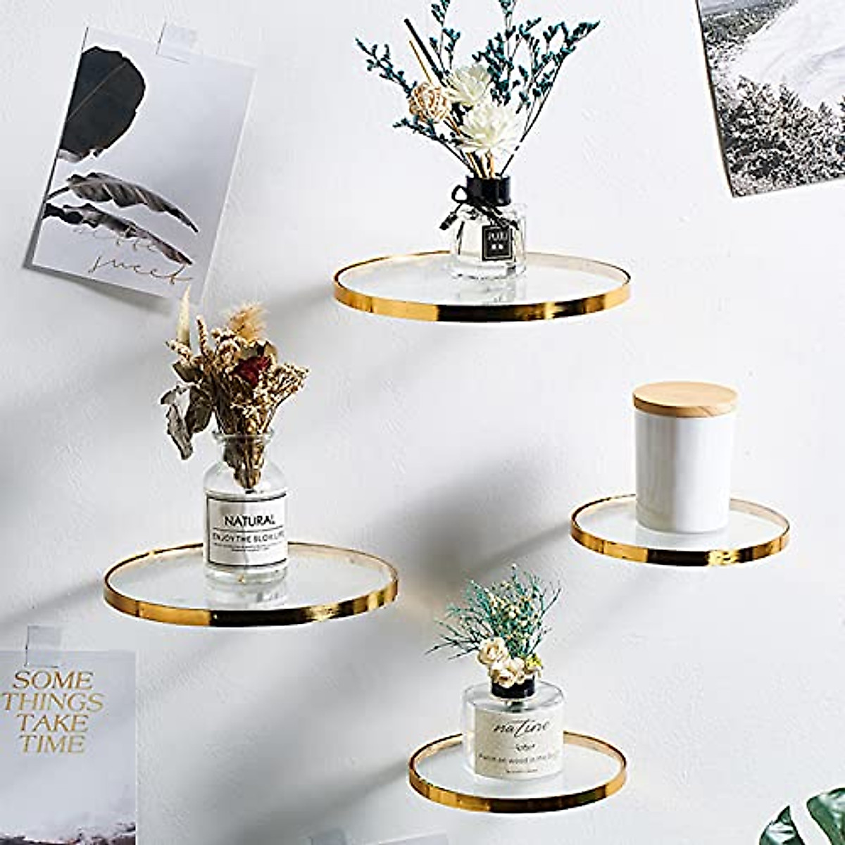 Galand Round Floating Shelf Glass Metal Display Ledge Home Display Storage Rack,Plant Floating Shelf Modern Home Decor Wrought Iron Wall Mounted Glass Ledge Rack for Restaurant S