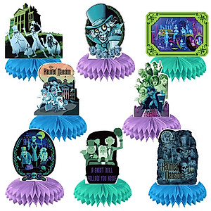 Haunted Mansion Party Decorations Honeycomb Centerpiece, 8 Pieces Halloween Horror Theme 3D Double Side Cake Toppers Table Centerpieces, Haunted Mansion Photo Backdrop for Kids Birthday Party