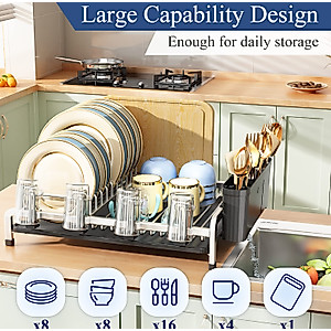 Aluminum Dish Drying Rack, Large Dish Rack and Drainboard Set, Utensil Holder, Multifunctional Anti-rust Dish Drainers for Kitchen Counter with Cup and Cutting Board Holder for Various Kitchenware