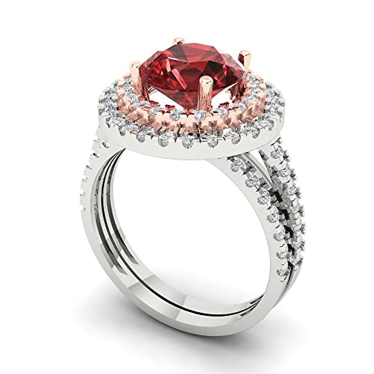 Clara Pucci 2.92ct Round Cut Halo Pave Solitaire Halo Accent Scarlet Red Garnet Statement Bridal Ring Band Set 14k White Rose Gold 6