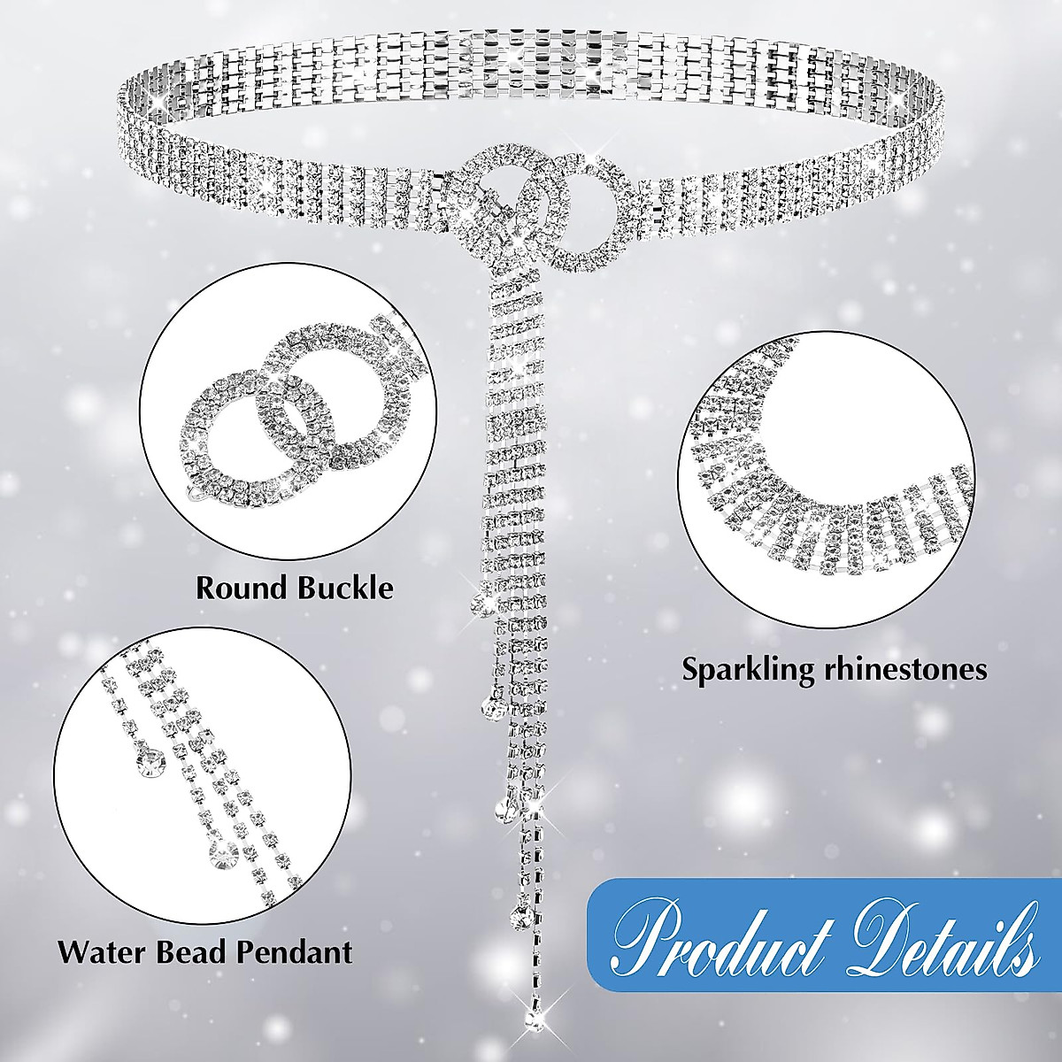 TIESOME Crystal Waist Belt for Women, Adjustable Rhinestone Waist Chain Belt Sparkle O-Ring Waistband Belt for Jeans Dresses