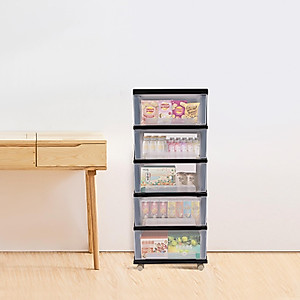 Dcehkr Storage Drawers 5 Drawer Plastic Drawers with 4 Caster Wheels Plastic Drawer Storage Suitable for Organize Books, Jewelry, Cosmetics, Towels, Snacks and Miscellaneous Items (Black)