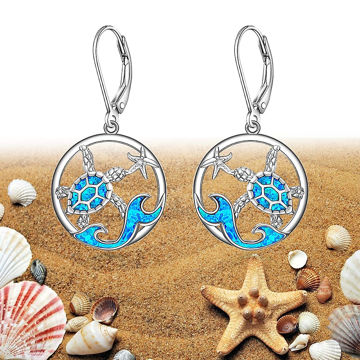 Turtle Earrings for Women Blue Opal Sea Turtle Earrings Dangle Sterling Silver 925 Hawaii Ocean Wave Starfish Jewelry Cute Friendship Mothers Day Christmas Gifts