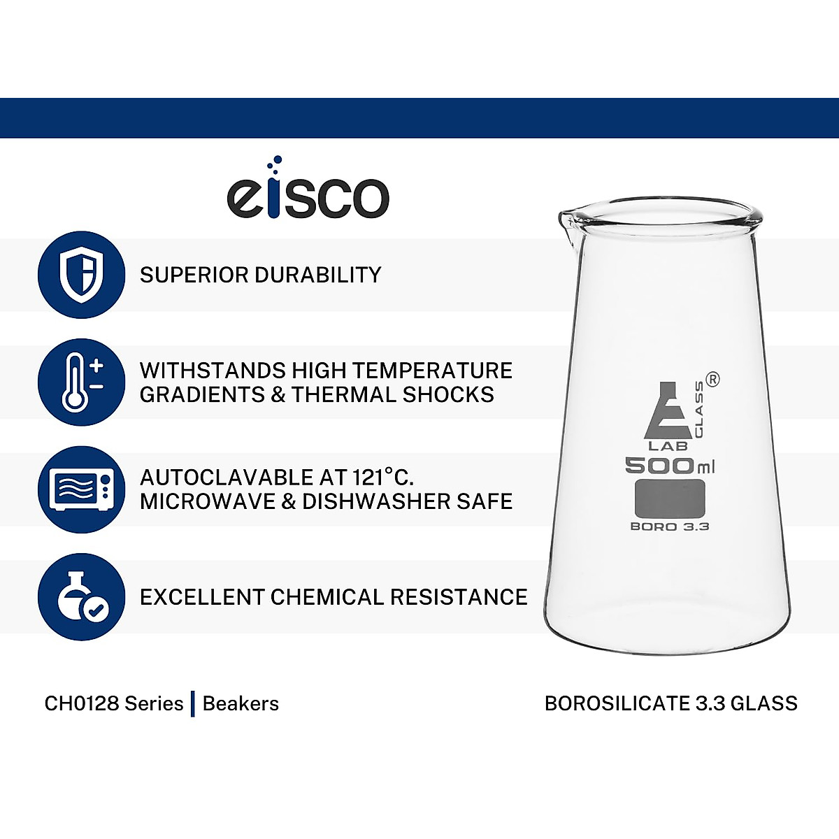 EISCO Conical Philips Beaker with Spout, 250mL - Borosilicate Glass (4.2" Tall, 2.6" Diameter)