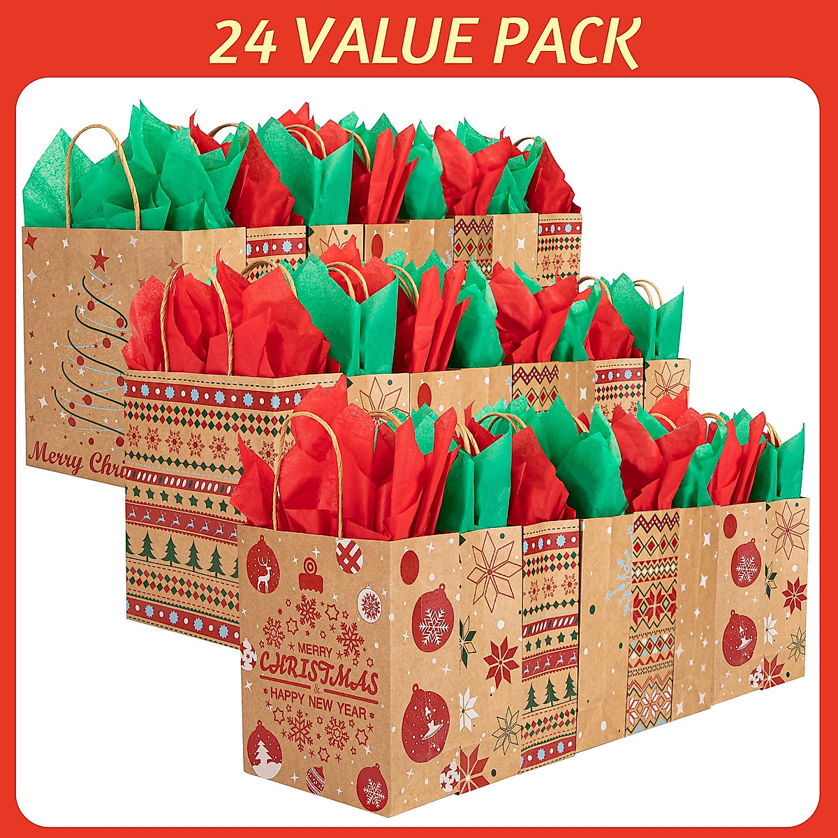24 Christmas Kraft Gift bags 7.25 x 9 x 3.5 with 24 Tissue Papers for Xmas Exchange, Party Favors Paper Goodie Bags