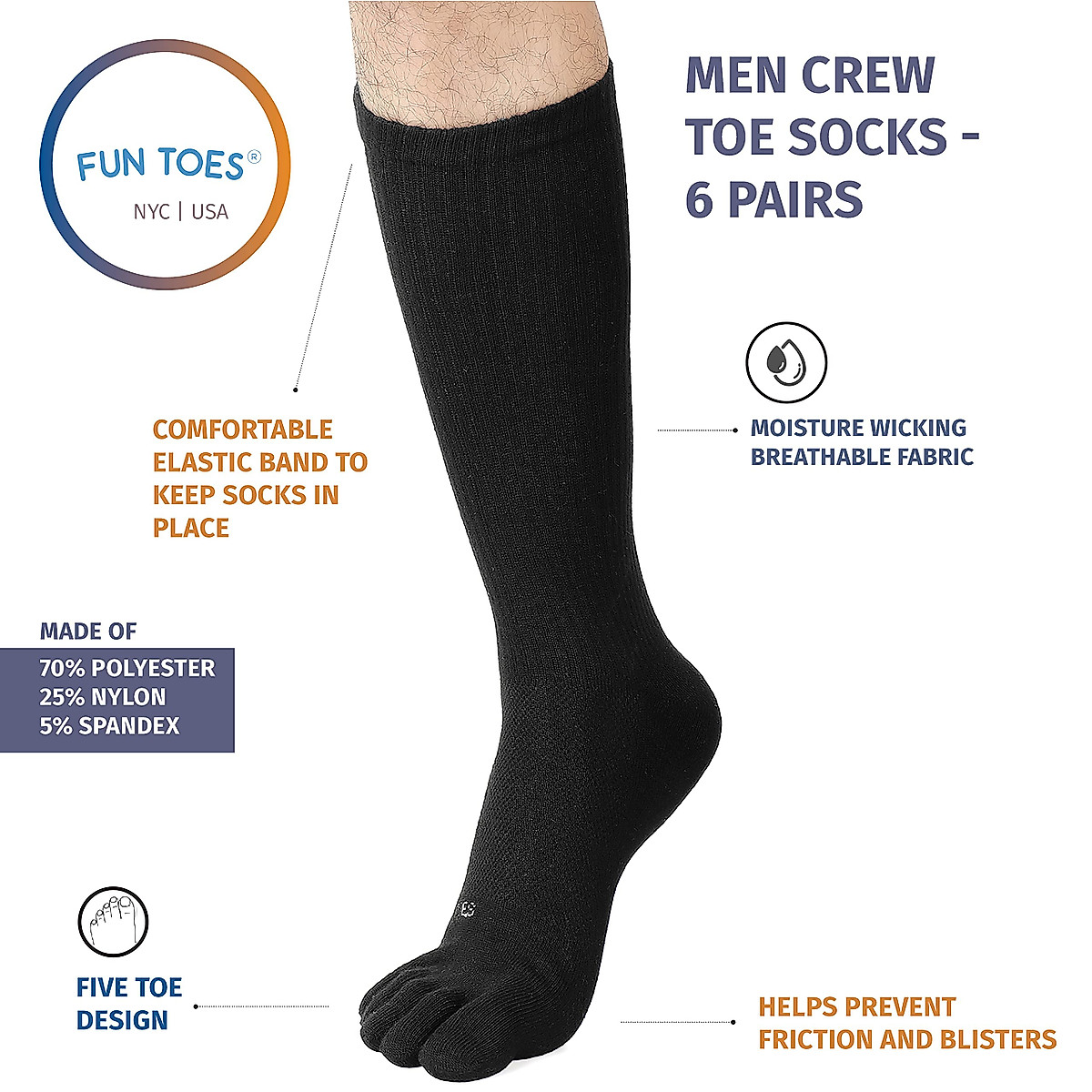 FUN TOES Men Crew Toe Socks Athletic Running Socks - Arch Support - Proper Toe Alignment - Breathable Mesh Top - Soft and Stretchy Value 6 Pairs Pack size 6-12 (Black)