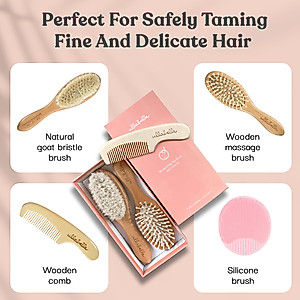 Ullabelle 4 Piece Wooden Baby Hair Brush and Comb Set for Newborns & Toddlers in Chic Gift Box - Ultra Soft Natural Goat Hair and Wood Baby Brush Set Prevents Cradle Cap - Perfect Registry Gift (Pink)