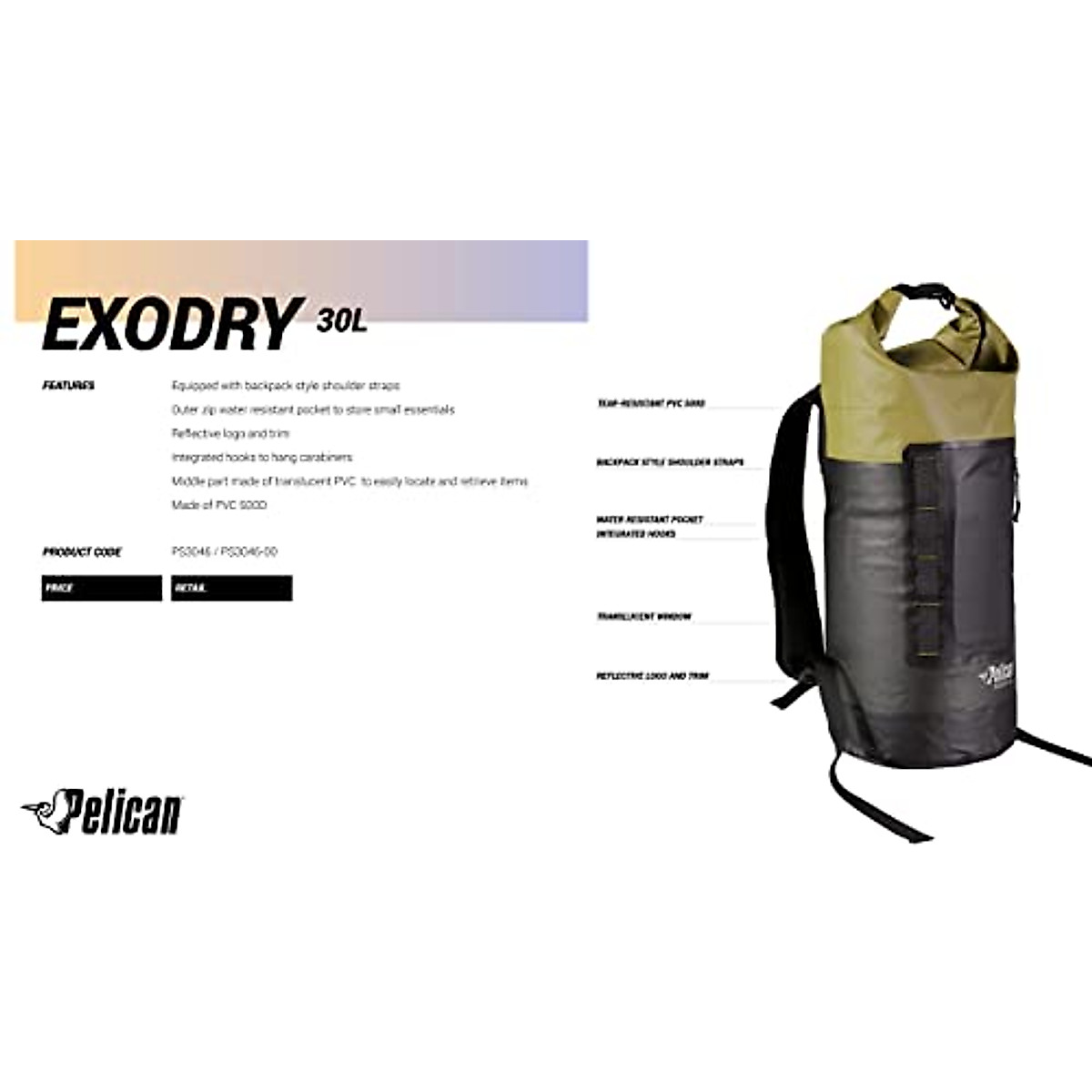 Pelican - ExoDry 30L Large Drybag - Black - Waterproof - Backpack-Type Shoulder Straps - Thick & Lightweight - Roll Top Compression - Keeps Gear Dry for Kayaking, Rafting, Fishing