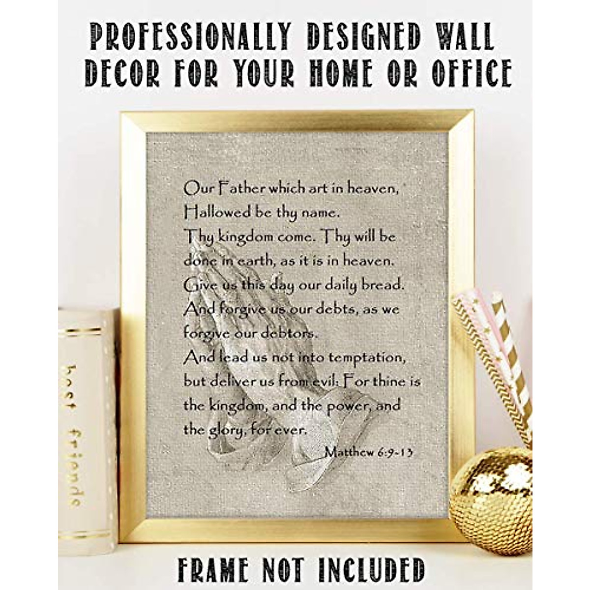 "The Lords Prayer w/Folded Hands"- Scripture Wall Art Print-8 x 10"- Ready to Frame. Home Décor-Kitchen-Dining Décor- Christian Gifts. Universal Biblical Prayer-Matthew 6: 9-13 With Linen Texture Look