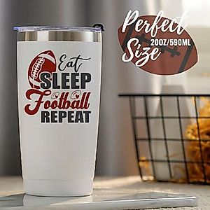 Onebttl Football Lovers Gifts, Funny American Football Gifts for Coach, Men, Dad on Birthday Christmas, 20oz Stainless Steel Tumbler, White, Eat Sleep Football Repeat