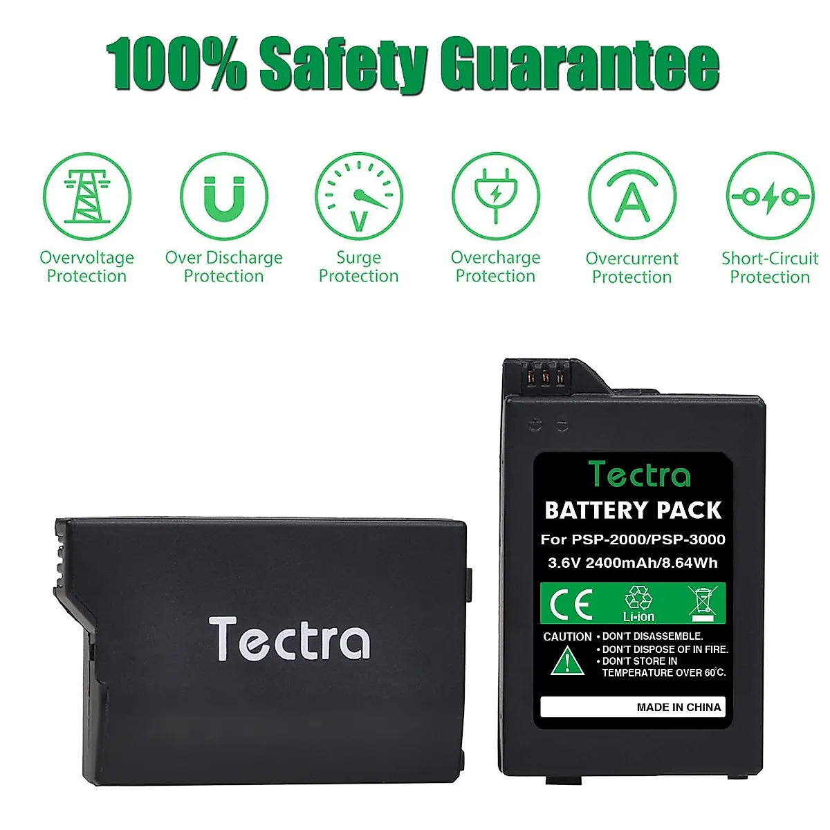 Tectra PSP 2000 Battery, 2400mAh 3.6V Rechargeable Battery Replacement for Sony PSP 3000 / PSP Slim 2000, PSP-2001, PSP-3000, PSP-3001, PSP-3002, PSP-3004, PSP-S110 Console