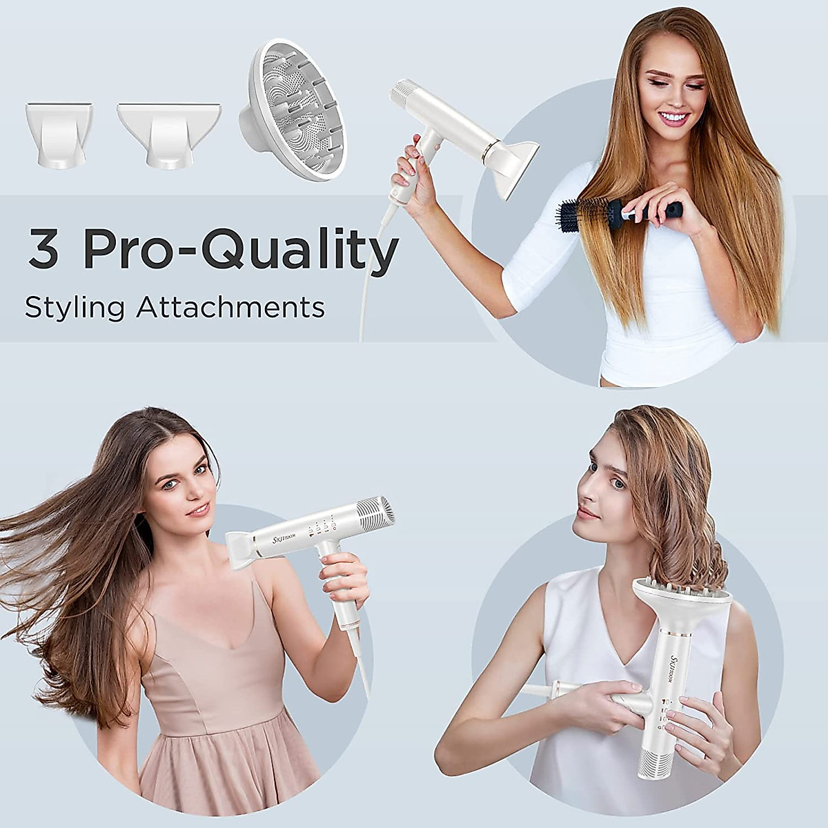 Maxfoxe Hair Dryer for Women, Blow Dryer Set 9 Modes Foldable Ionic Professional High Speed Fast Drying Brushless Compact Blower Magnetic Concentrator Nozzle Diffuser Attachment for Home,Hotel,Salon