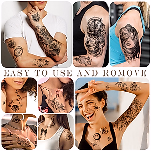 77 Sheets Temporary Tattoo for Women and Men, Half Sleeve Realistic Temporary Tattoos Lion Wolf Owl Elk Snake Butterfly Rose for Girls Boys, Waterproof Fake Tattoos for Adults Chest Shoulder Neck Hand