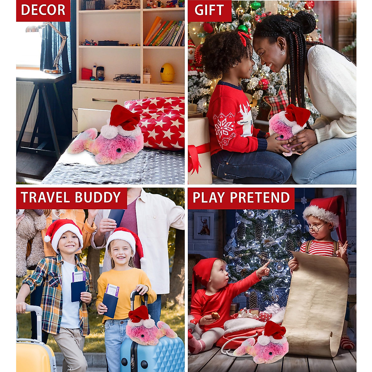 DolliBu Santa Rainbow Whale Stuffed Animal Plush Toy - Super Soft Wild Animal Dress Up with Red Santa Claus Hat, Cute Wildlife Gift, Perfect Holiday with Name Personalization - 7 Inches